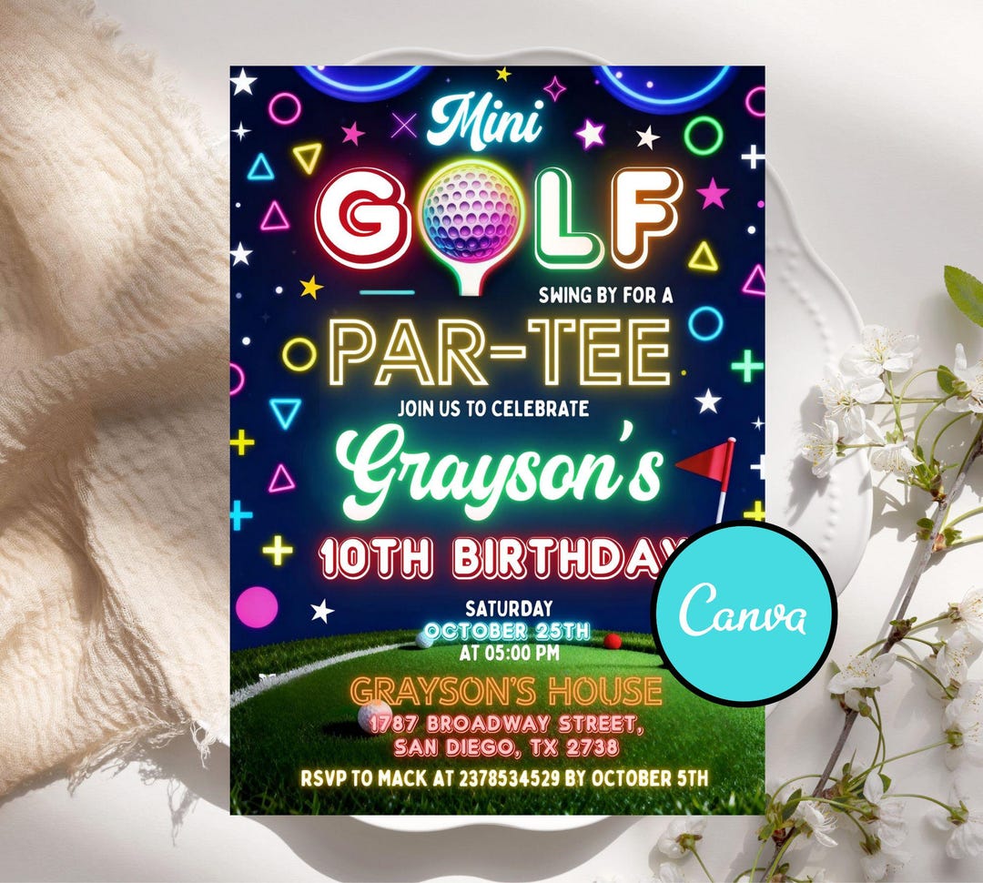 Mini Golf Birthday Invitation, Glow Party, Editable Canva - Etsy