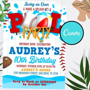 Editable Baseball Pool Birthday Party Invitation, Sports Birthday ...