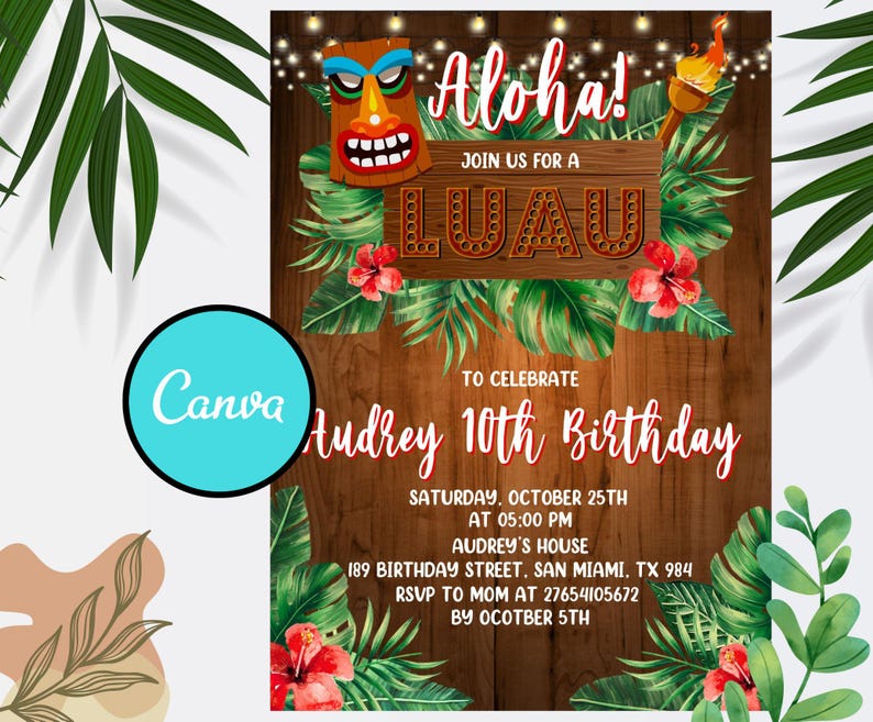 Editable Aloha Birthday Invitation Template, Hawaiian Birthday ...
