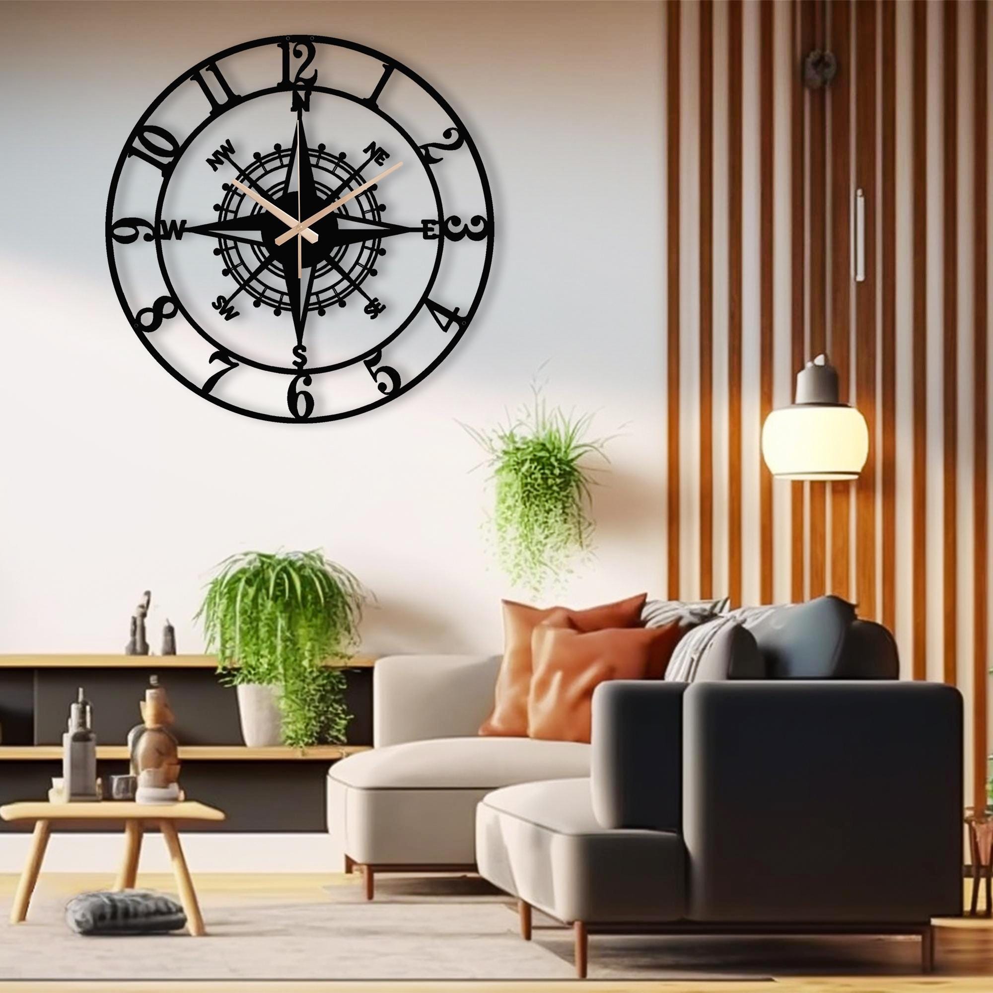 Compass Metal Wall Clock, Decorative Living Room Clock, Wall Art for ...