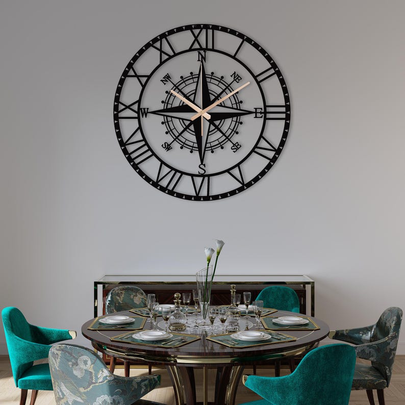 Black Metal Compass Rose Wall Clock: Silent Roman Numerals - Etsy