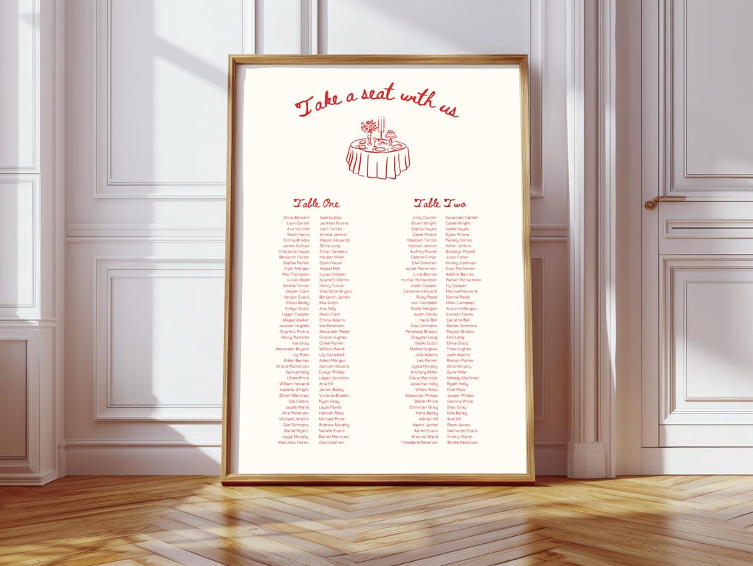 Seating Chart for Long Tables, Handwritten Seating Chart Template, Red ...