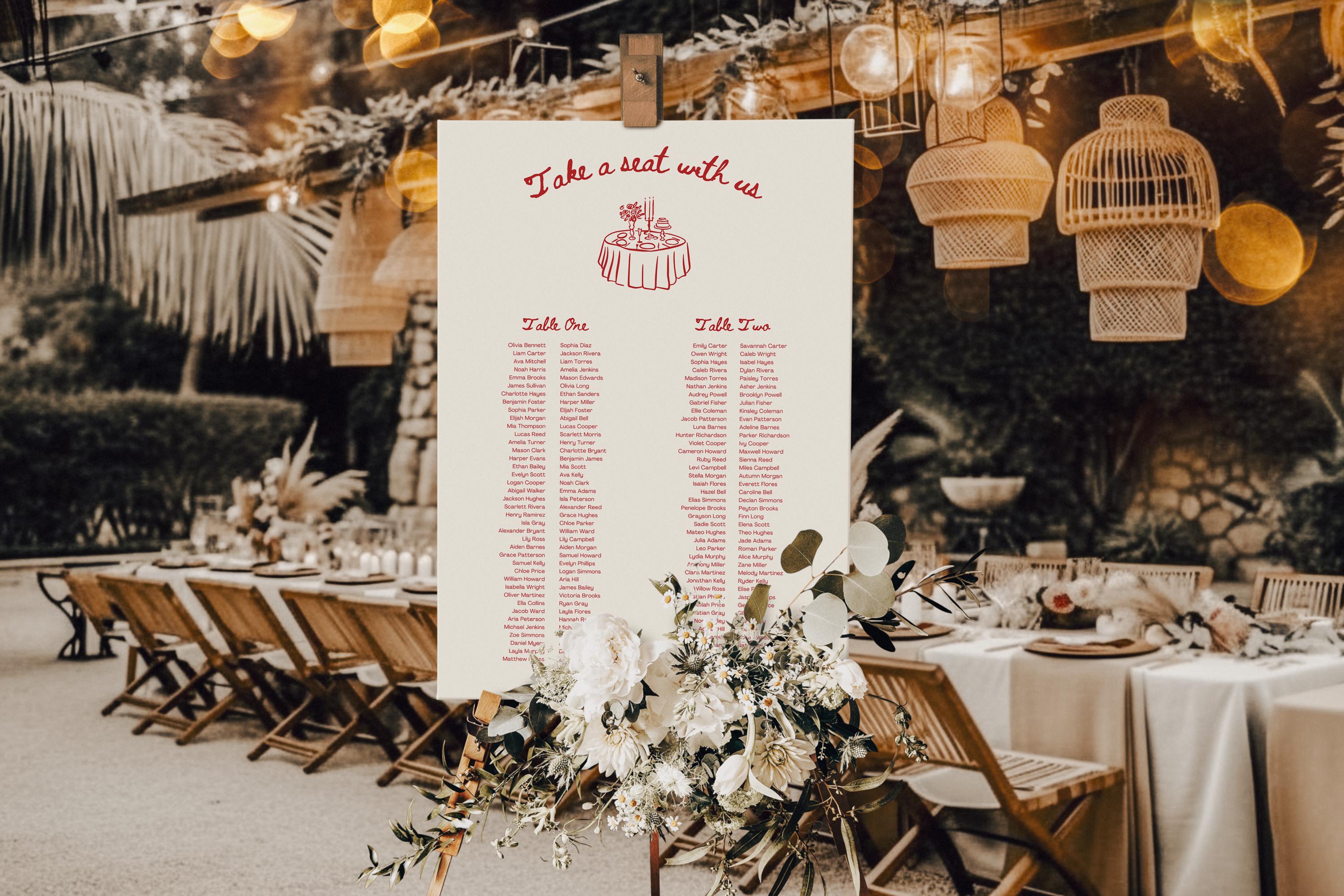 Seating Chart for Long Tables, Handwritten Seating Chart Template, Red ...