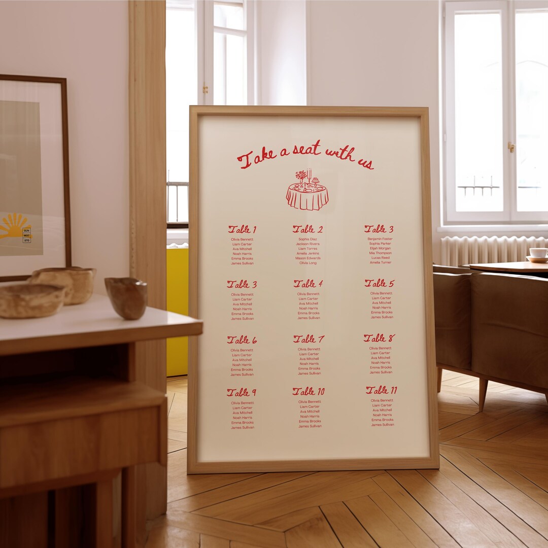Red Chic Handwritten Seating Chart Sign Template, 12 Table Seating ...