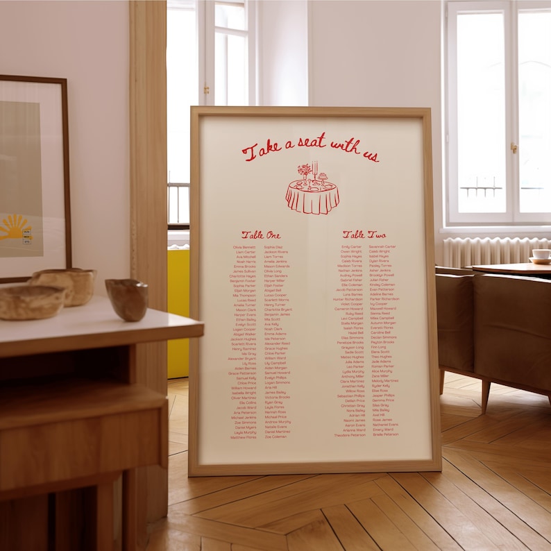 Seating Chart for Long Tables, Handwritten Seating Chart Template, Red ...