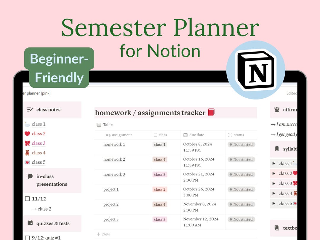 Notion Planner School Template College Semester Assignment Tracker Pink ...