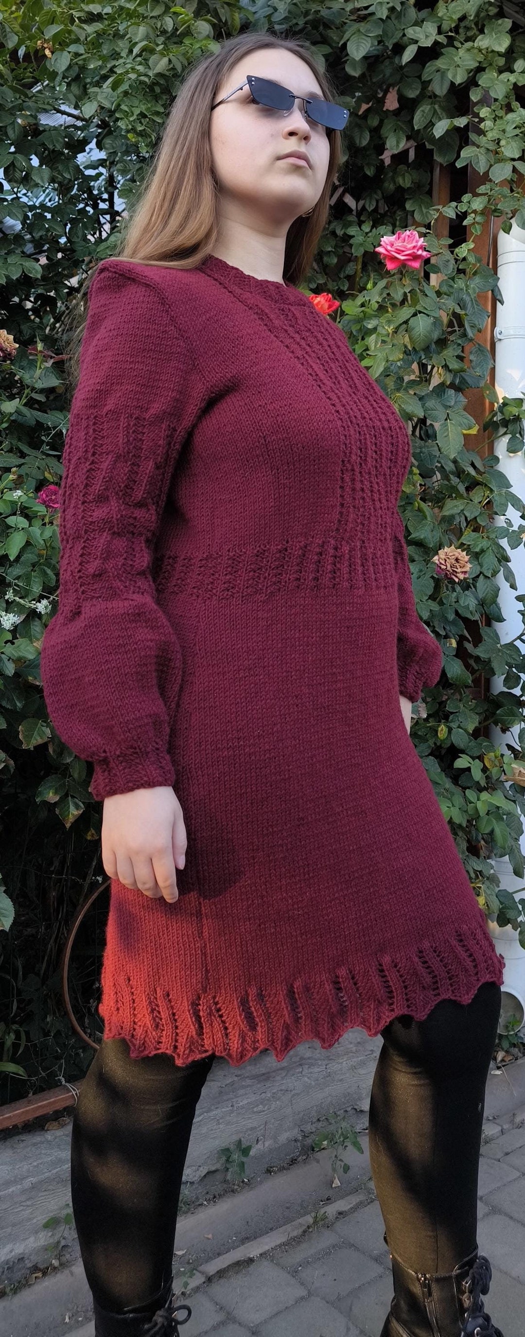 Dress Knitting Pattern, Women's Dress Knit Tutorial, DIY Burgundy Dress ...