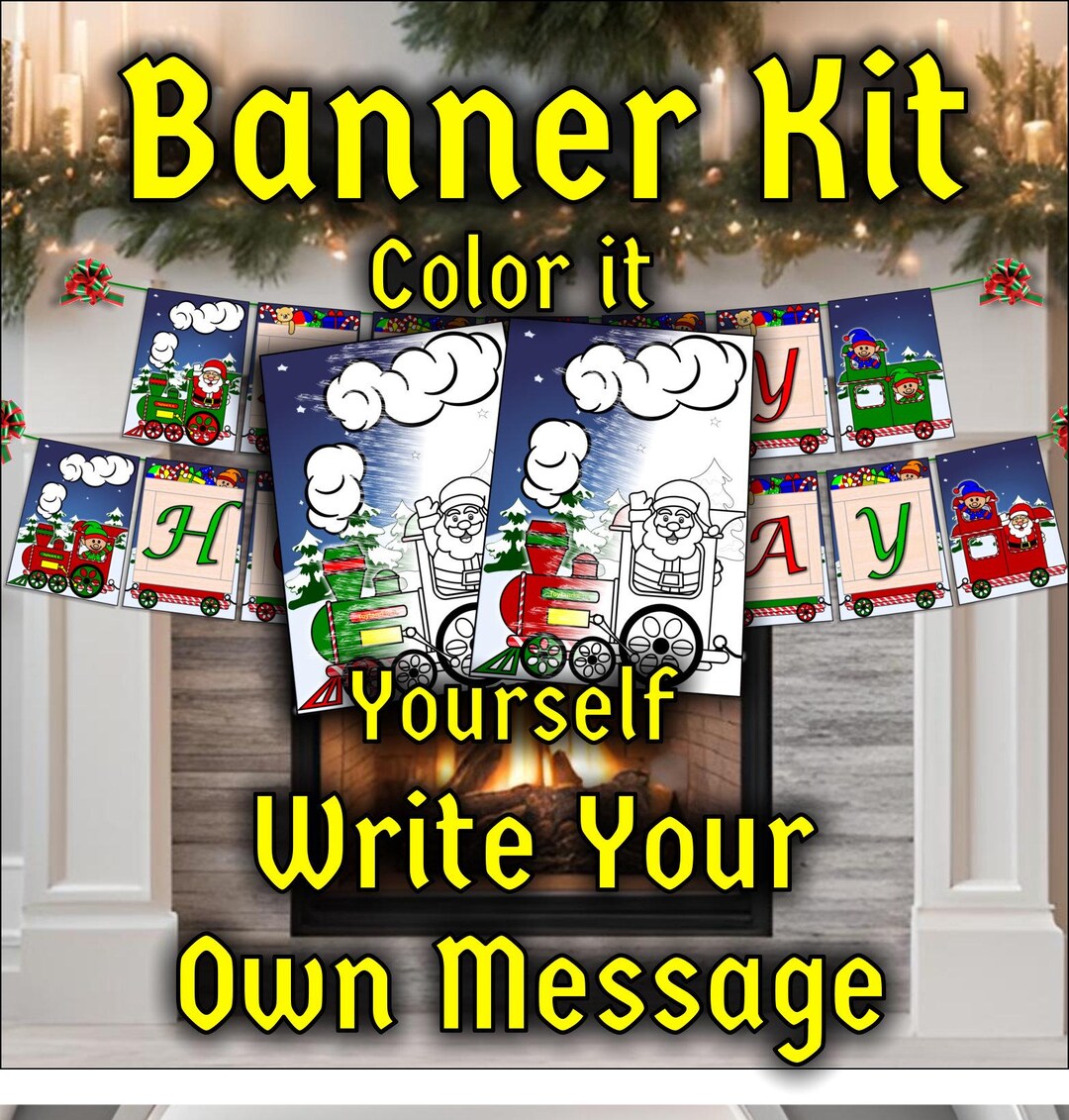 Christmas Santa Toyland Train Party Banner Coloring Kit Write Your Own ...