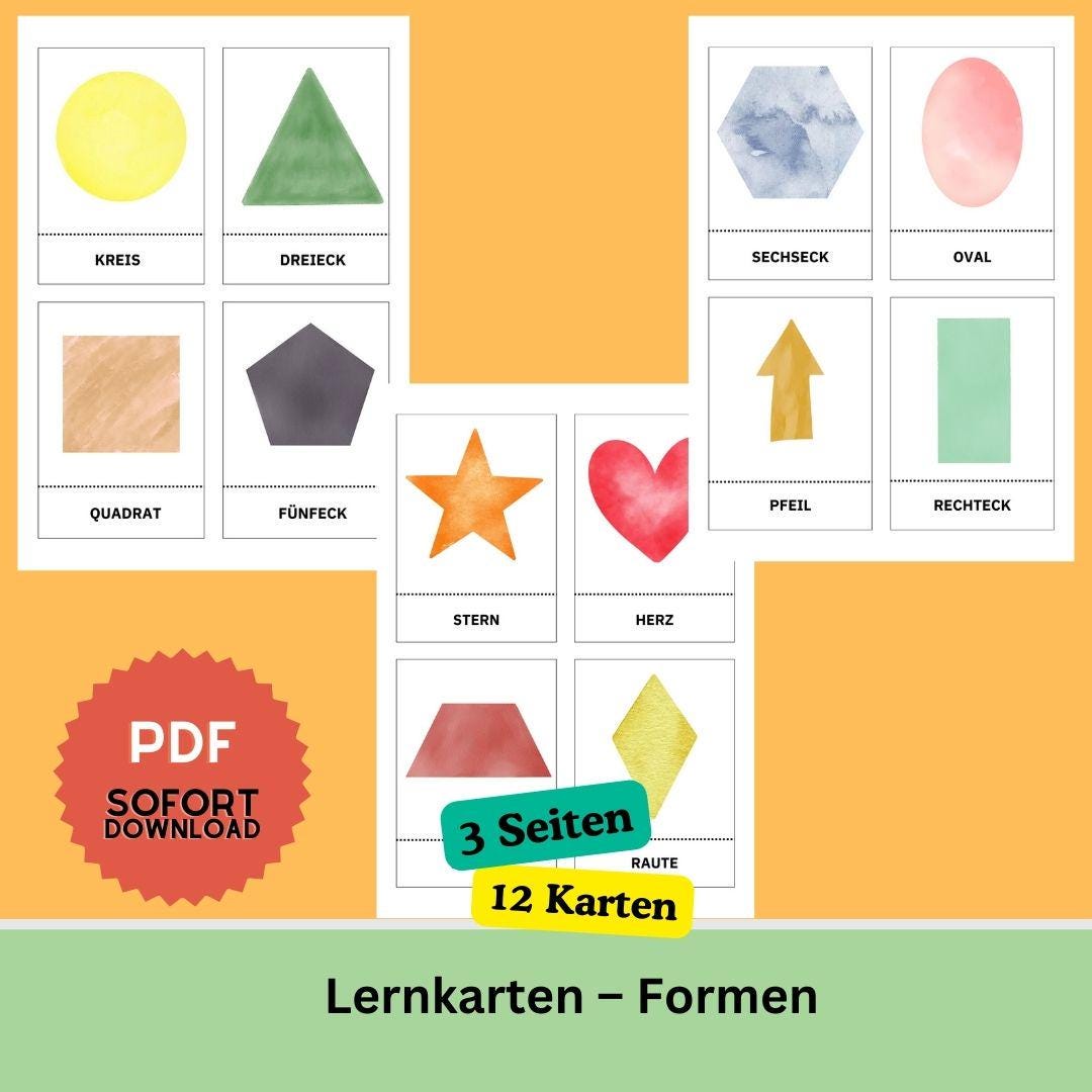 Learning Cards Shapes Watercolor - Montessori Learning Game for ...