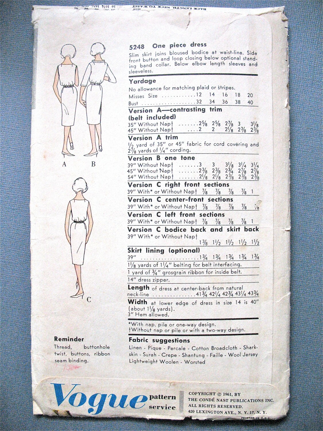 Vogue 5248 1960s Onepiece Dress Vintage Sewing Pattern Slim Skirt Side ...
