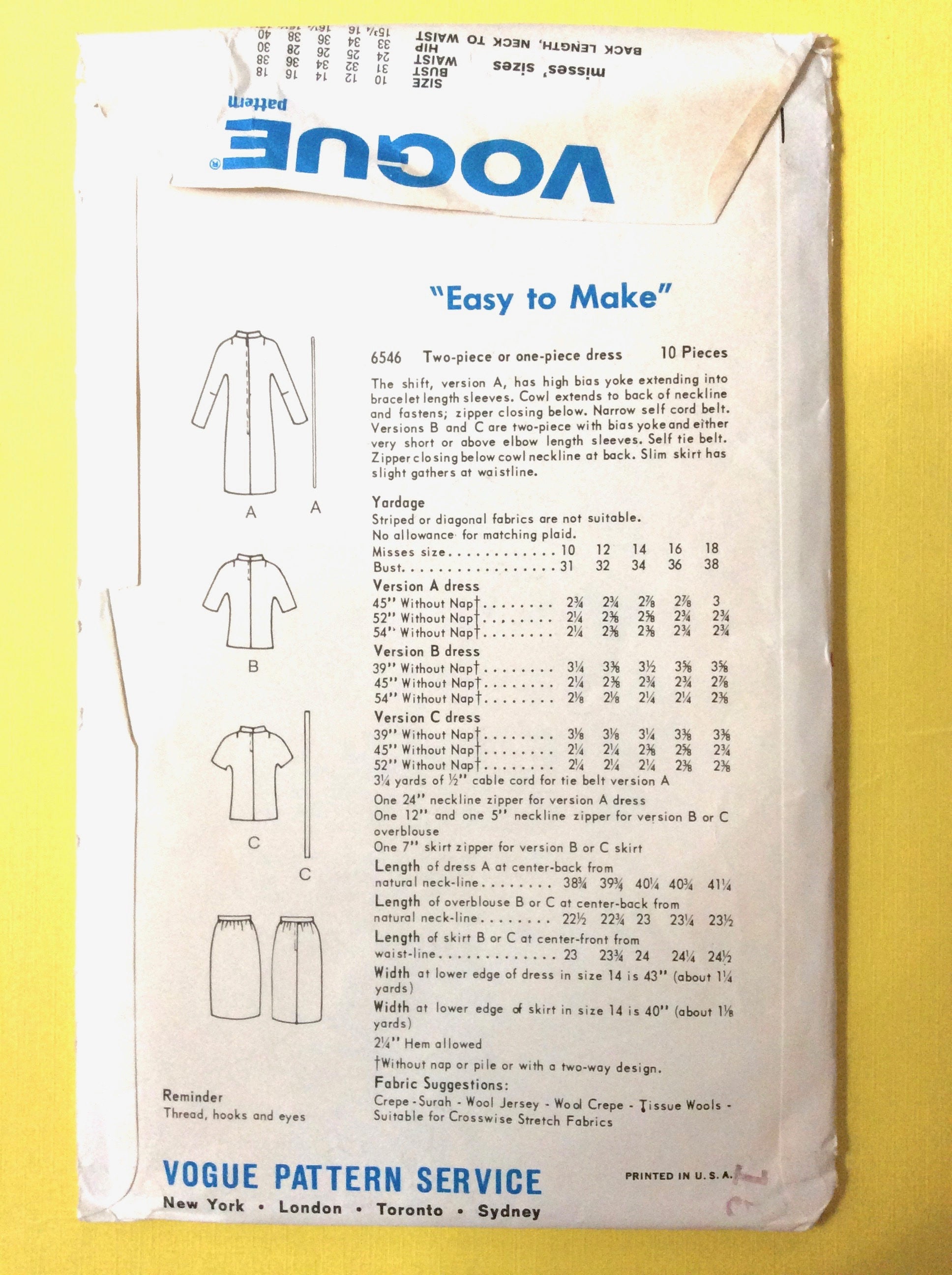 Uncut Vogue 6456 One-piece Shift Dress or Two-piece Dress, Cowl ...