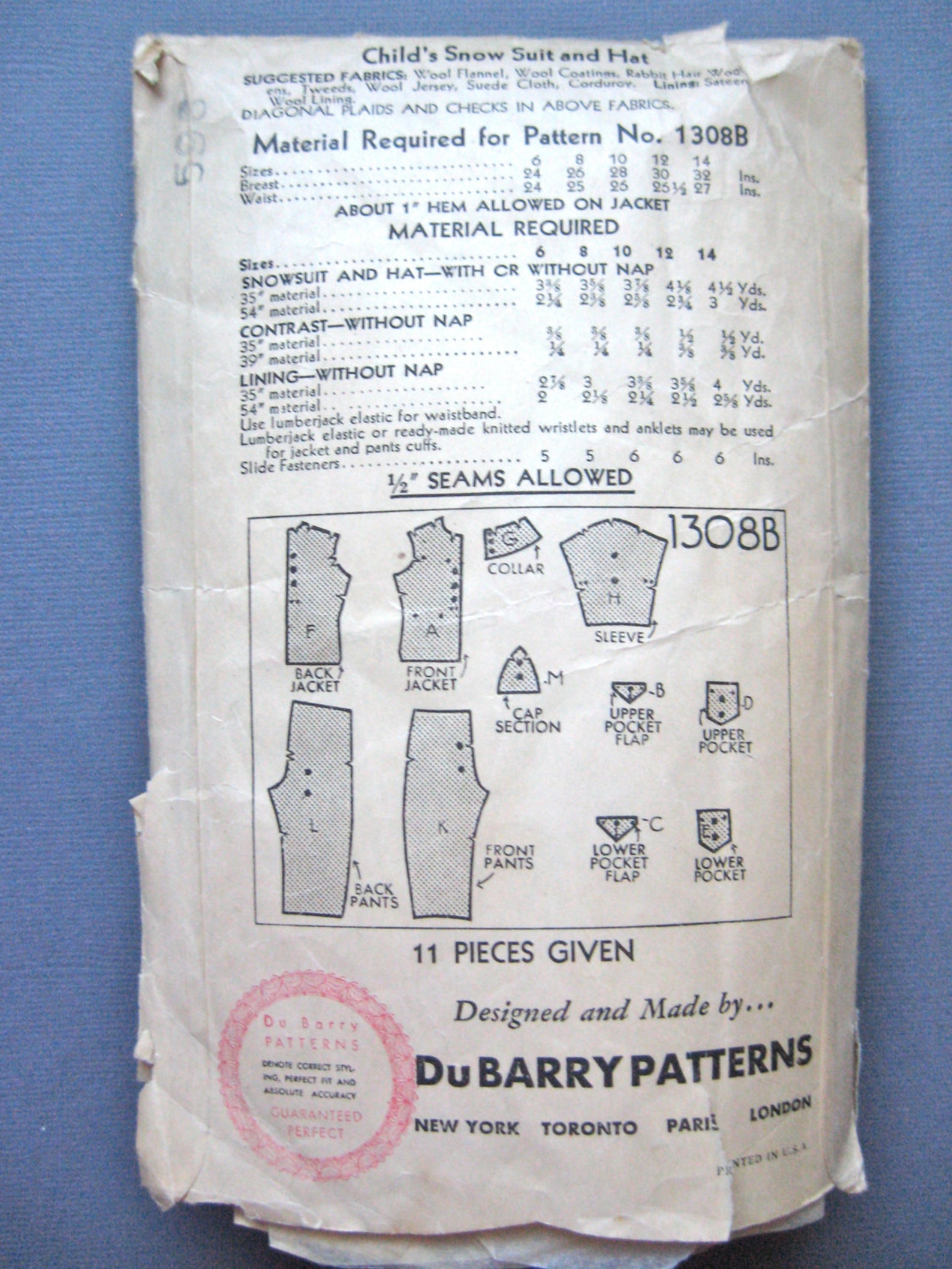 Vintage Du Barry 1308B 1930s Children's Snowsuit & Hat Sewing Pattern ...
