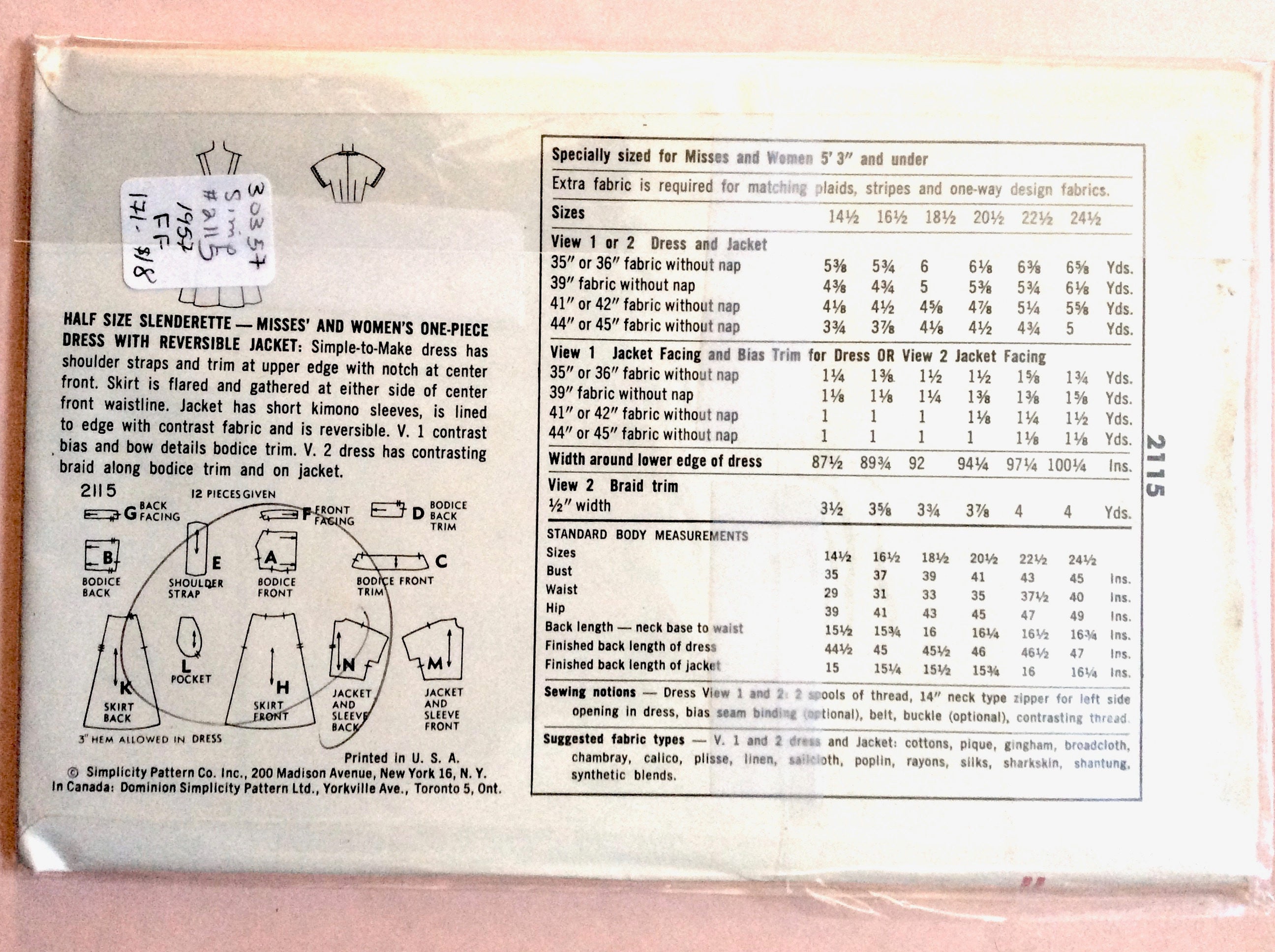 Uncut 1950s Evening Dress and Day Dress Simplicity 2463 Bust 37 Inches ...