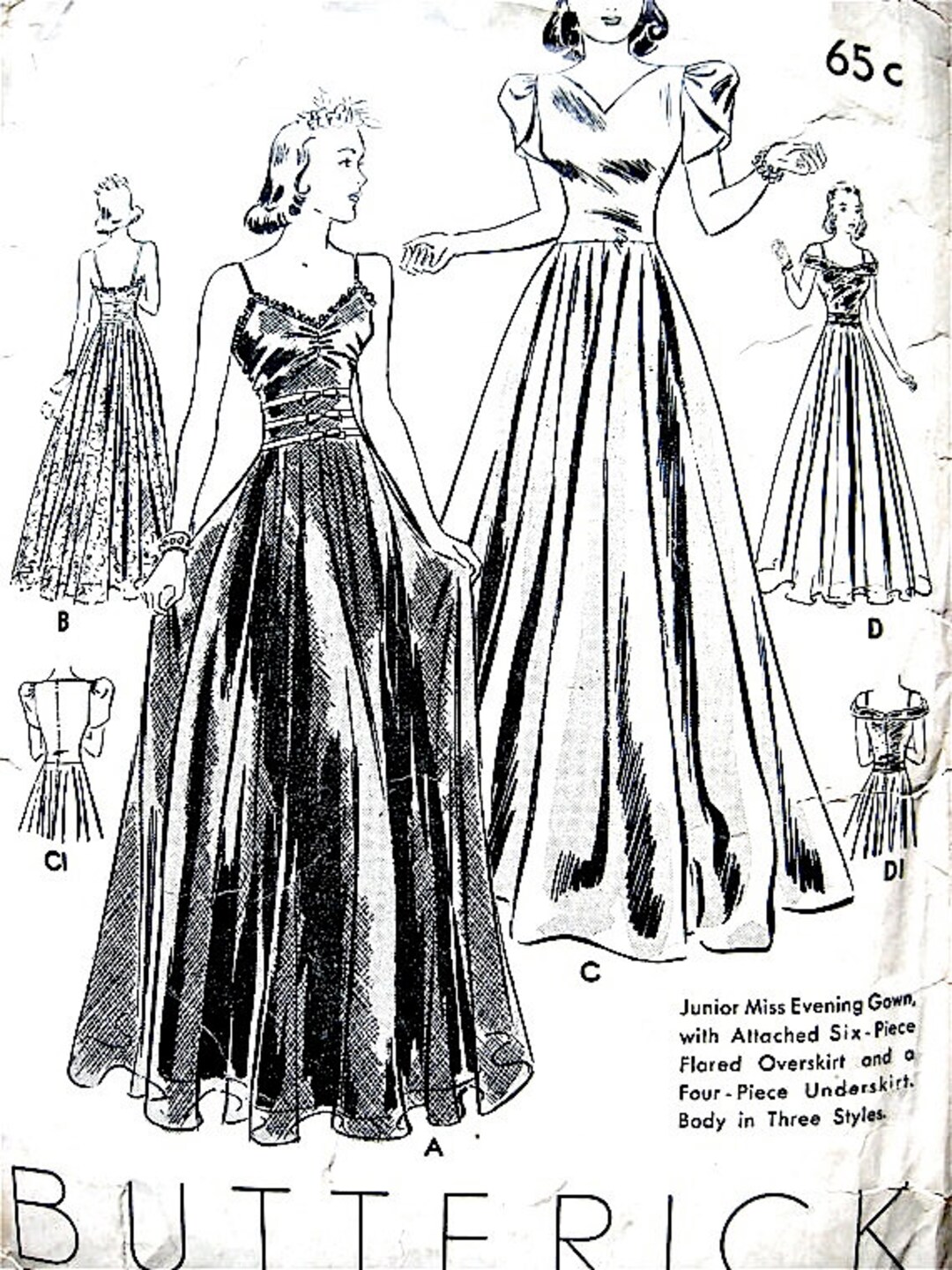 1930s Butterick 7713 Vintage Sewing 30s Evening Gown Dress Sleeveless ...
