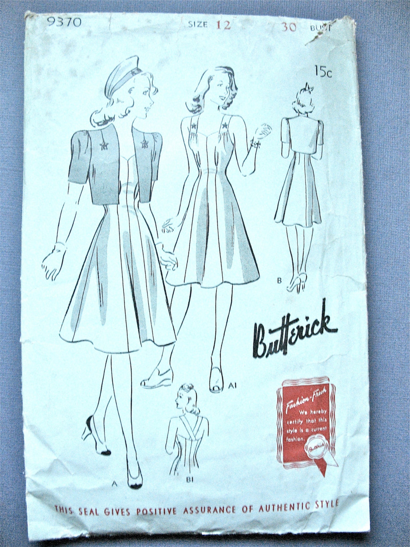 1940s Vintage Butterick 9370 Sewing Pattern Misses' Jacket and Dress ...