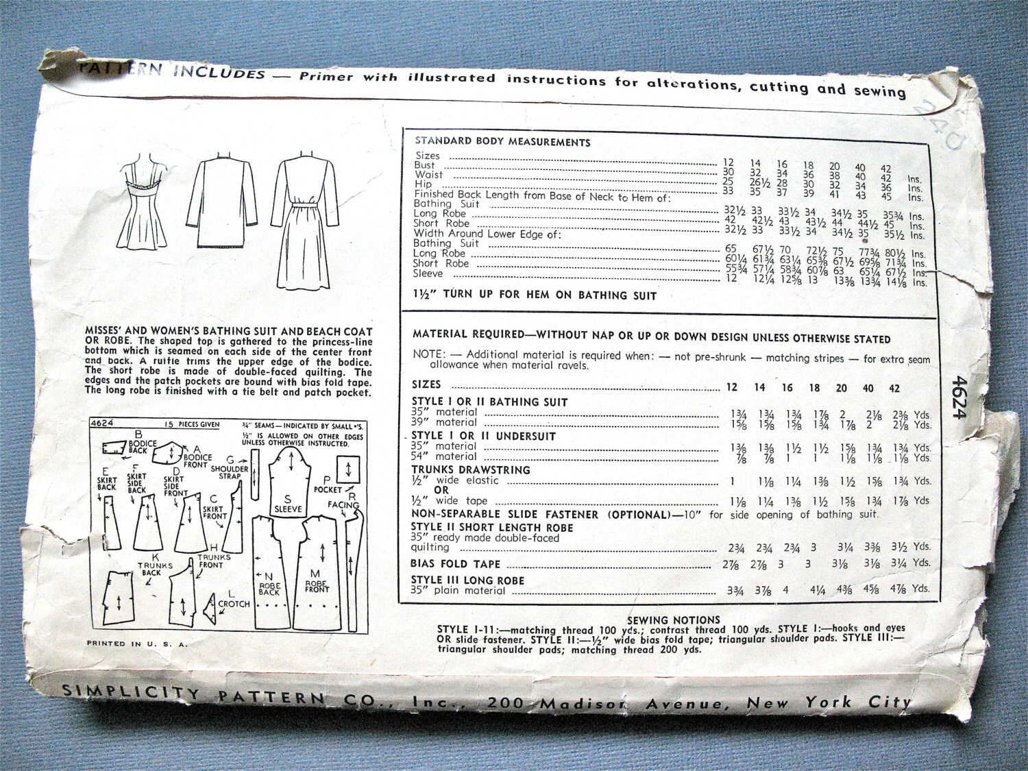 Vintage Early 40s Simplicity 4624 Bathing Suit and Beach Coat - Etsy
