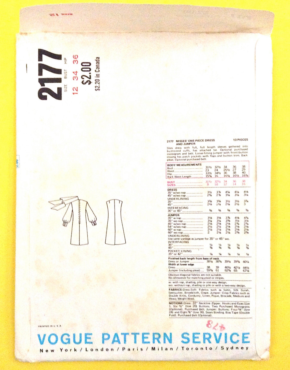 Uncut Vogue 2177 Basic Design Dress Pattern Uncut Vintage - Etsy