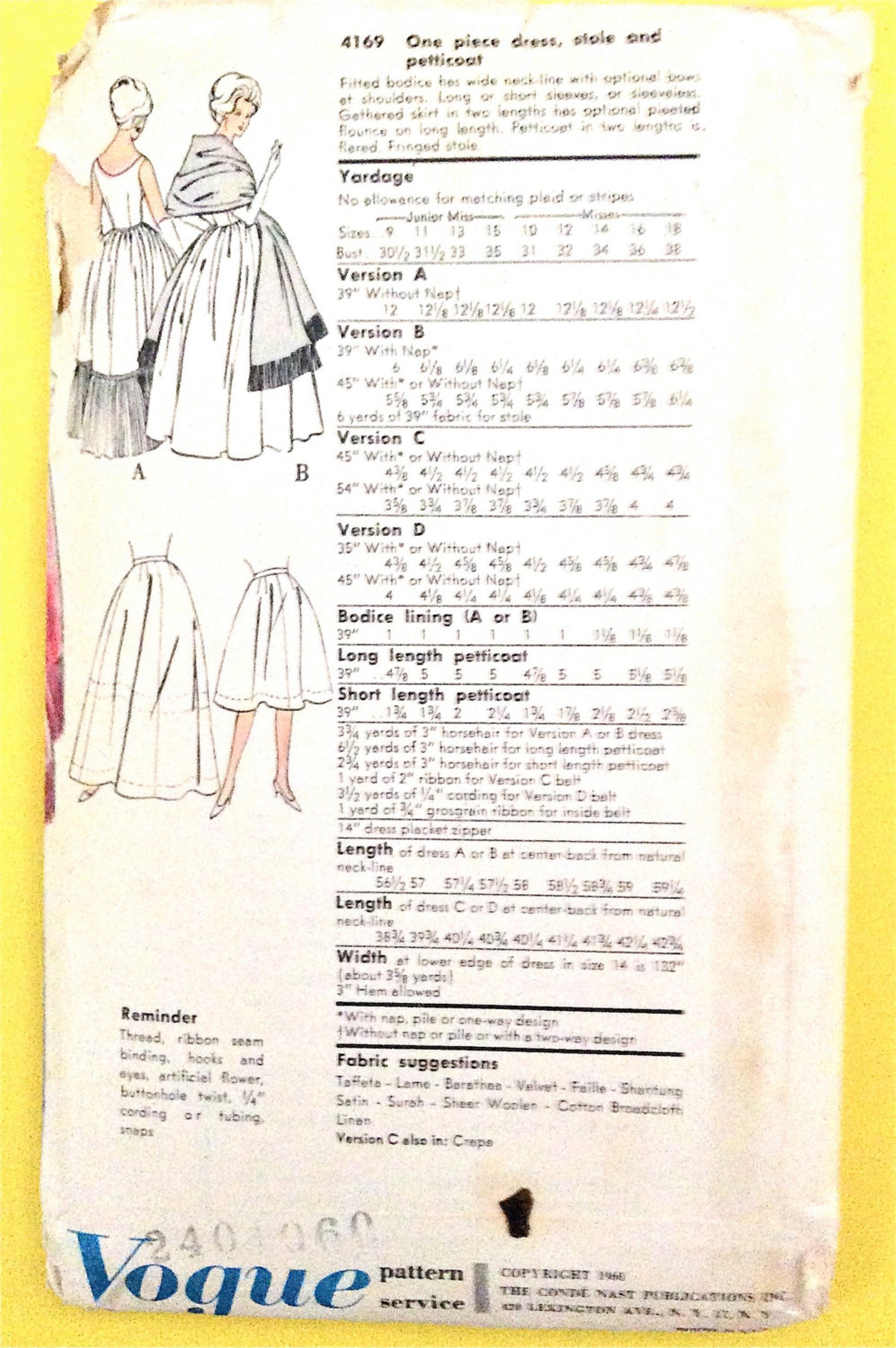 1950s Uncut Vogue Special Design 4169 Onepiece Dress Stole Petticoat ...