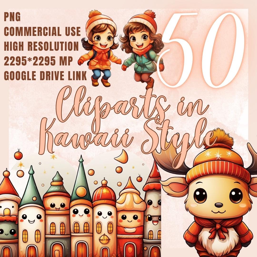 Kawaii Christmas Clipart Set 50 Cute Holiday Designs in PNG Format High ...