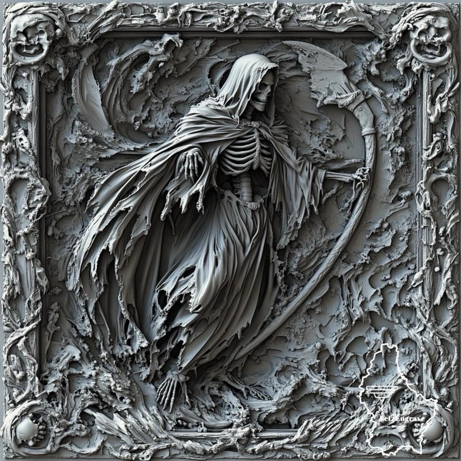 3D Deep Relief Grim Reaper PNG Set of 4 | High-detail Death Skull ...