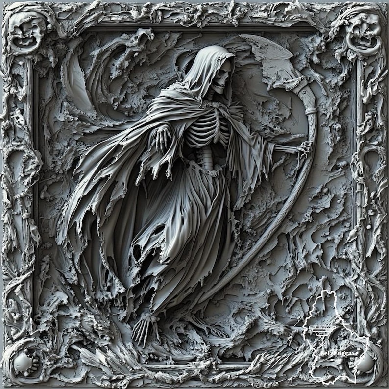 3D Deep Relief Grim Reaper PNG Set of 4 | High-detail Death Skull ...