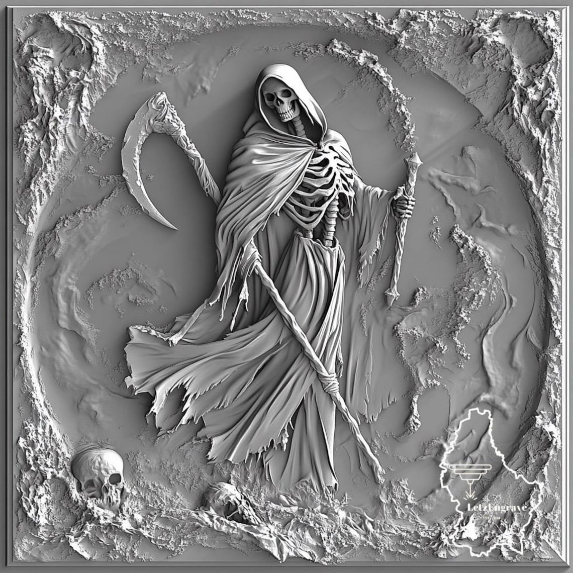3D Deep Relief Grim Reaper PNG Set of 4 | High-detail Death Skull ...