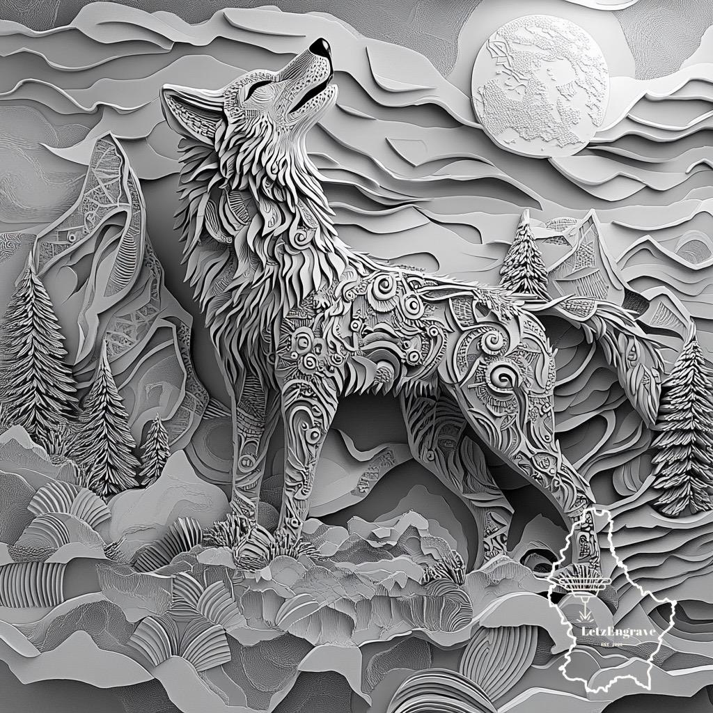 3D Deep Relief Wolf Howling Zentangle PNG | High-detail Design for CNC ...