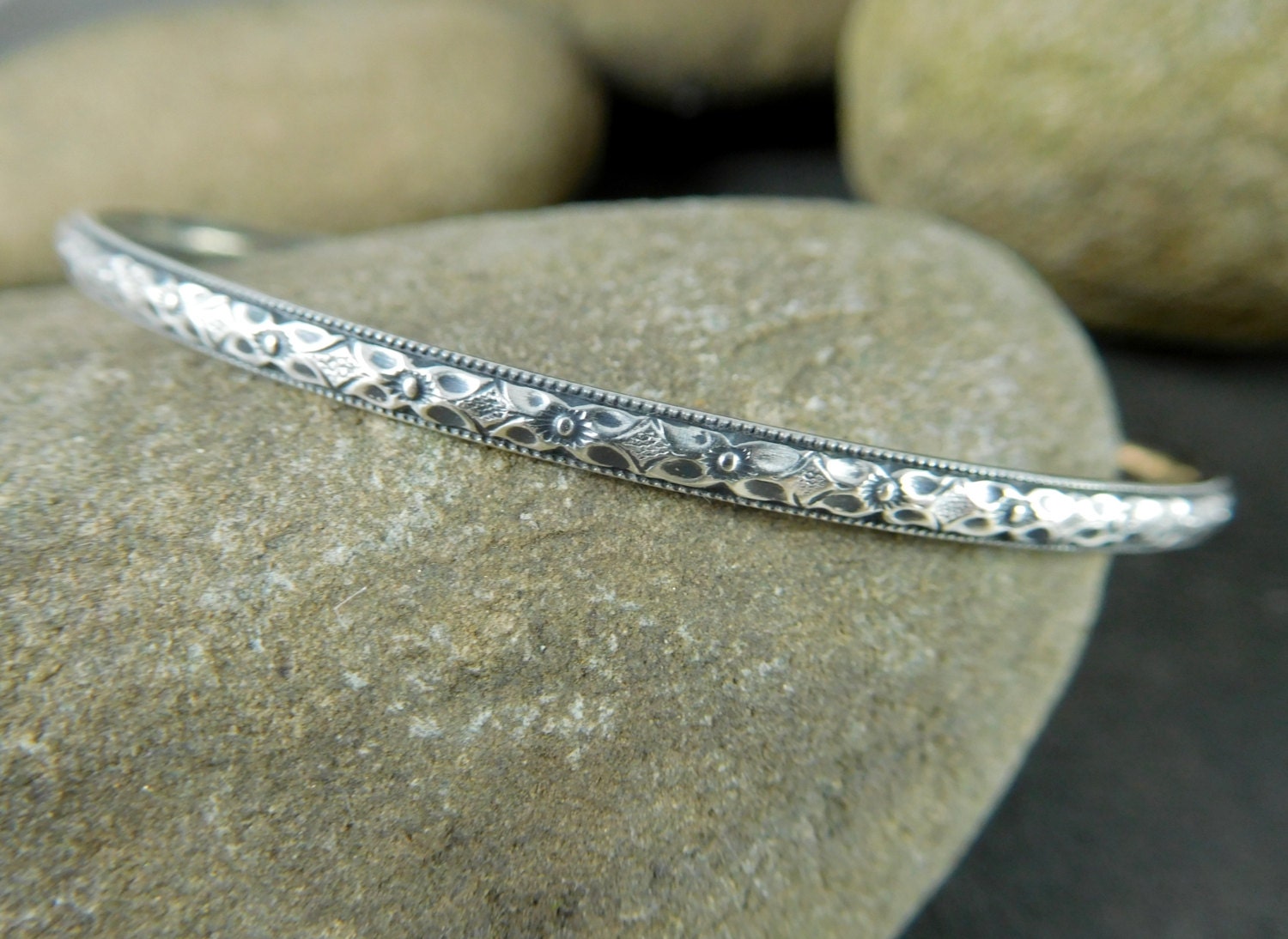 Floral Pattern Sterling Silver Bangle Bracelet, Delicate Nature ...