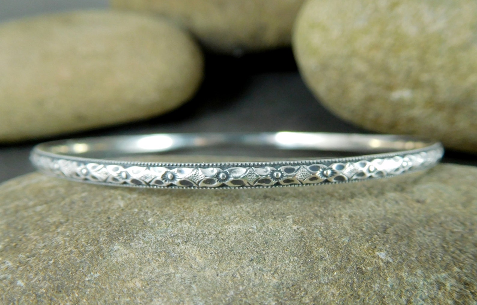 Floral Pattern Sterling Silver Bangle Bracelet, Delicate Nature ...