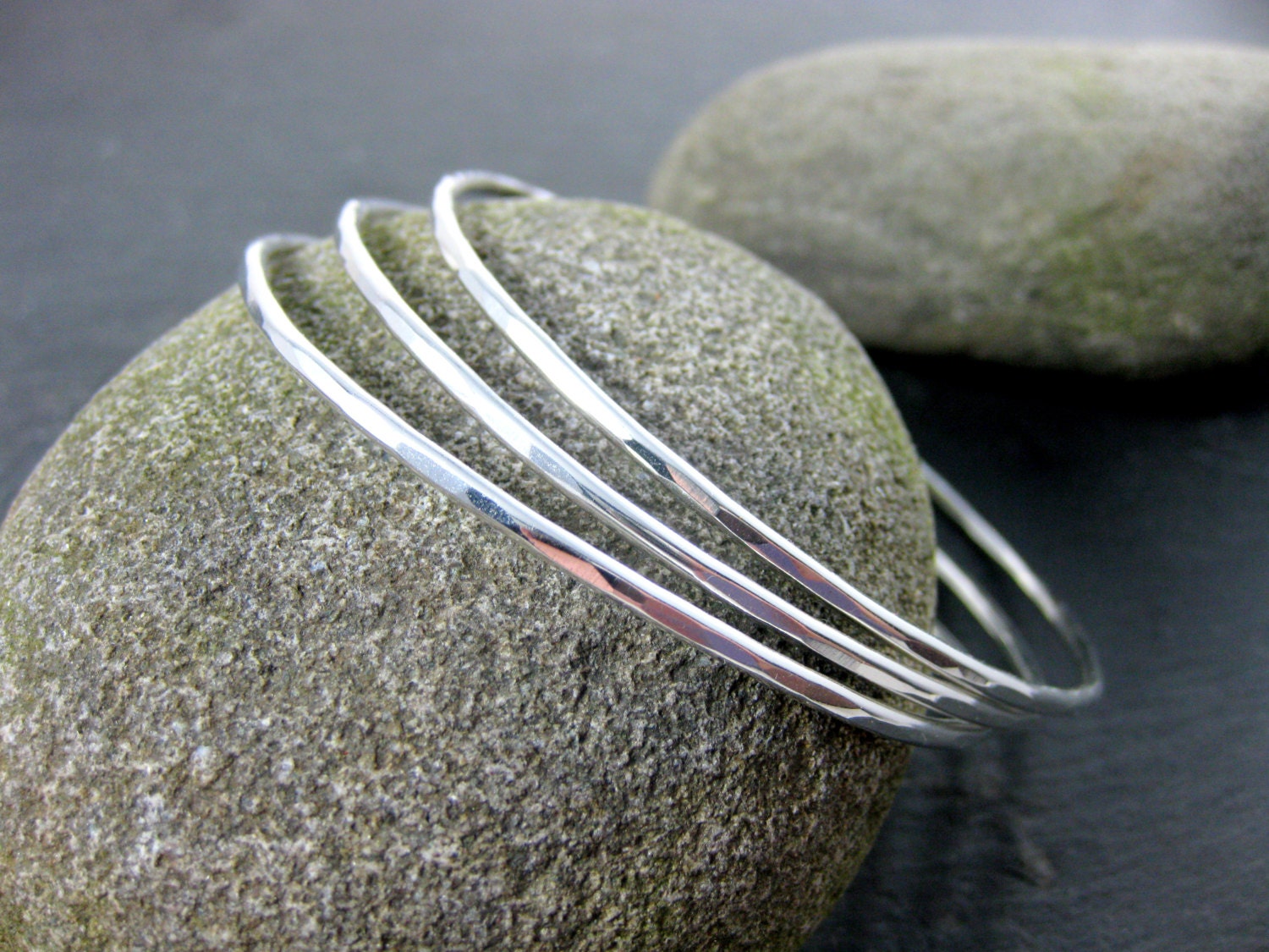 Set of 3 Sterling Silver Bangle Bracelets, Simple Bracelet Hammered ...