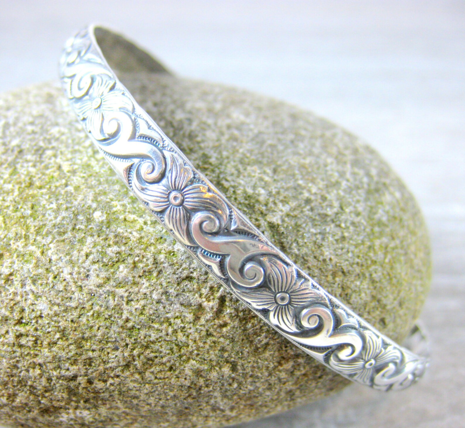 Floral Sterling Silver Bangle, Wide Patterned Bracelet - Etsy