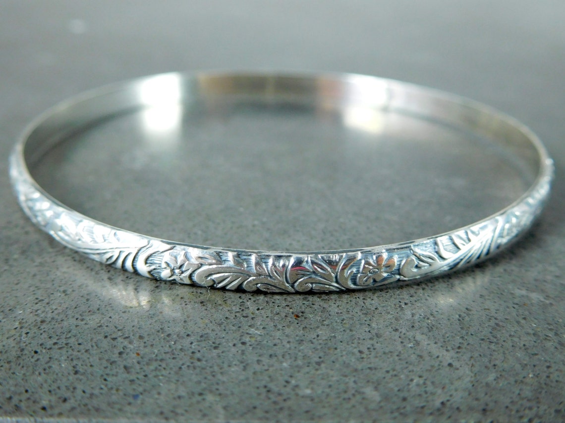 Nature Inspired Bangle, Flower & Leaf Pattern Stacking Bracelet, 4mm ...