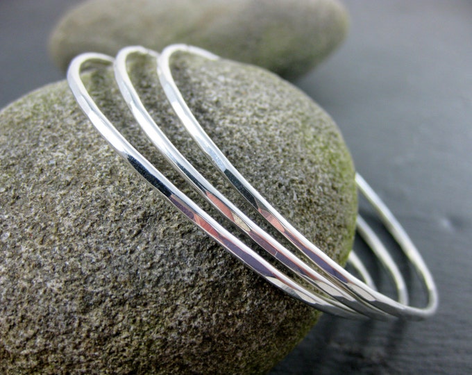 Set of 3 Sterling Silver Bangle Bracelets, Simple Bracelet Hammered ...