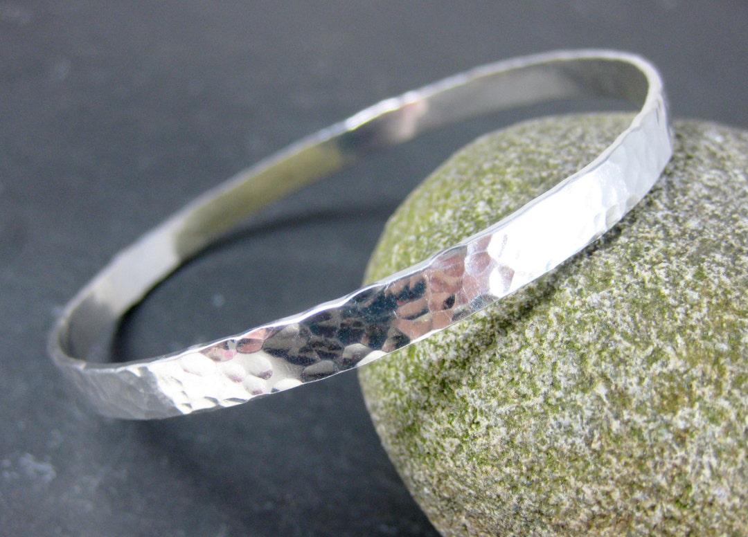 Flat Sterling Silver Bangle Bracelet, 5mm Wide Hammered Silver Bracelet ...