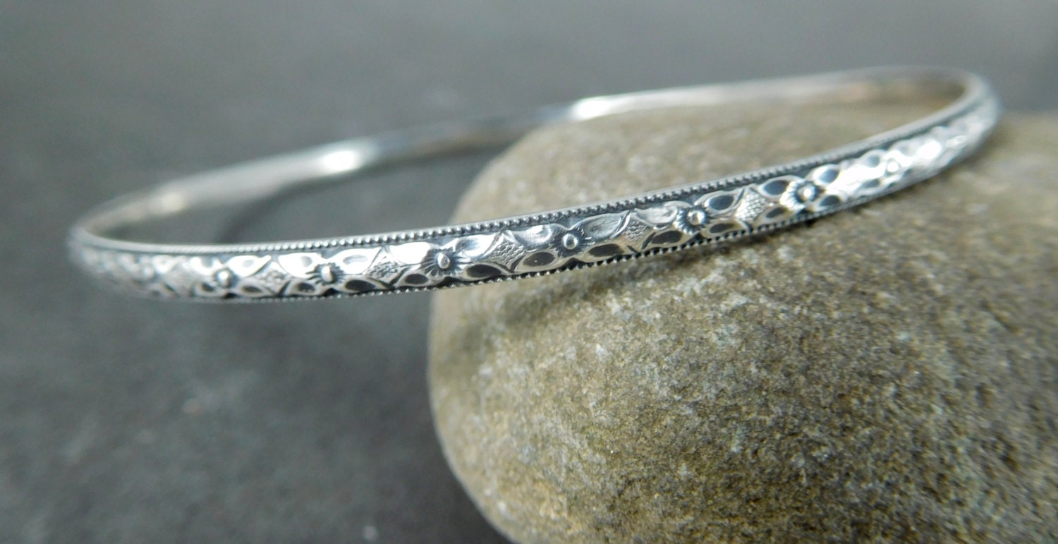 Floral Pattern Sterling Silver Bangle Bracelet, Delicate Nature ...