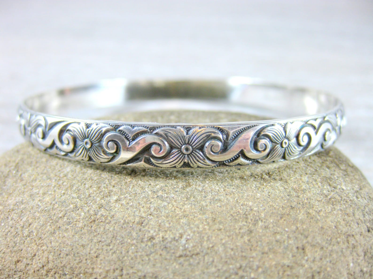 Floral Sterling Silver Bangle, Wide Patterned Bracelet - Etsy
