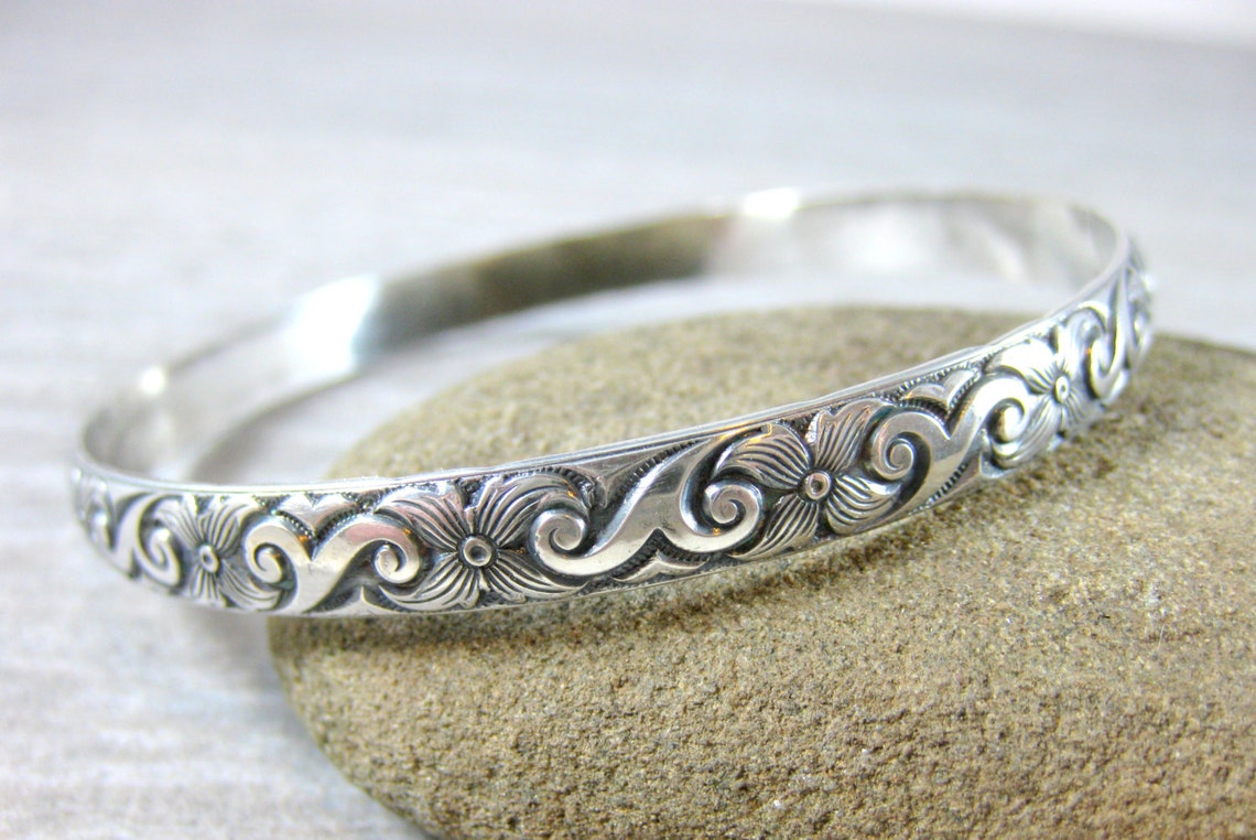 Floral Sterling Silver Bangle Wide Silver Bracelet Nature - Etsy