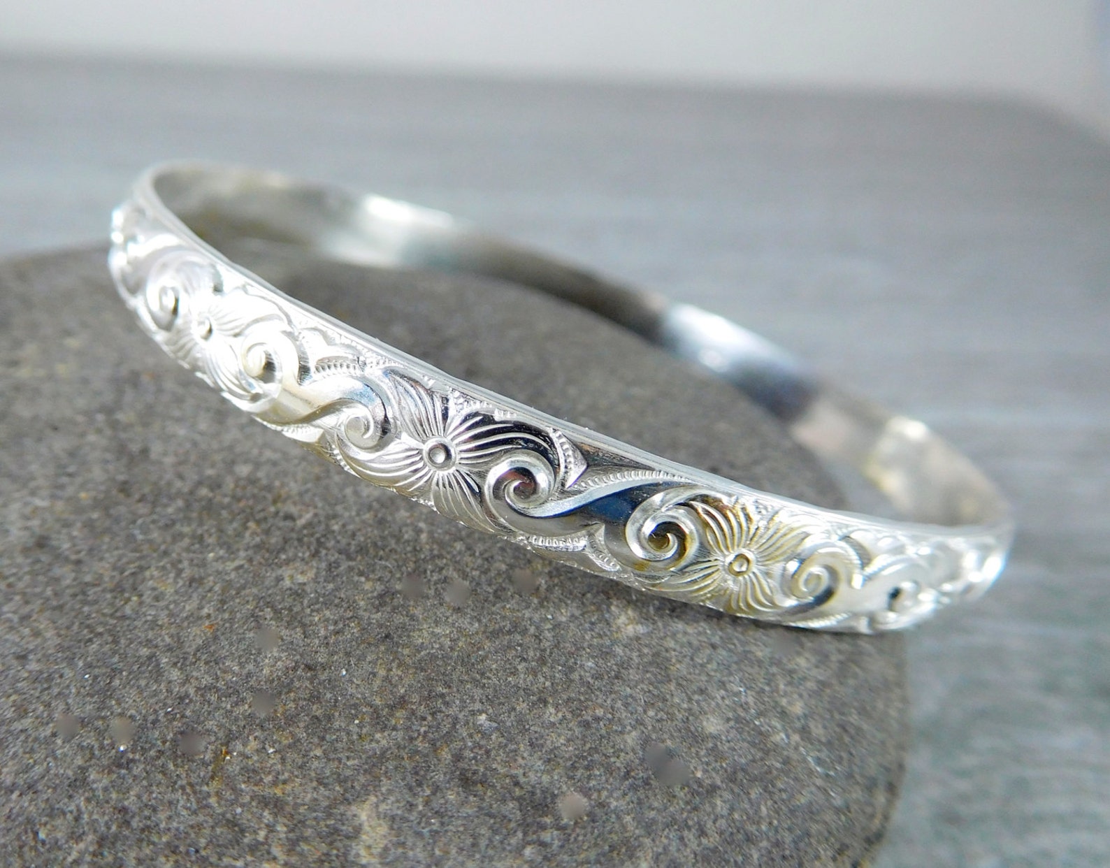 Floral Sterling Silver Bangle Wide Silver Bracelet Nature - Etsy