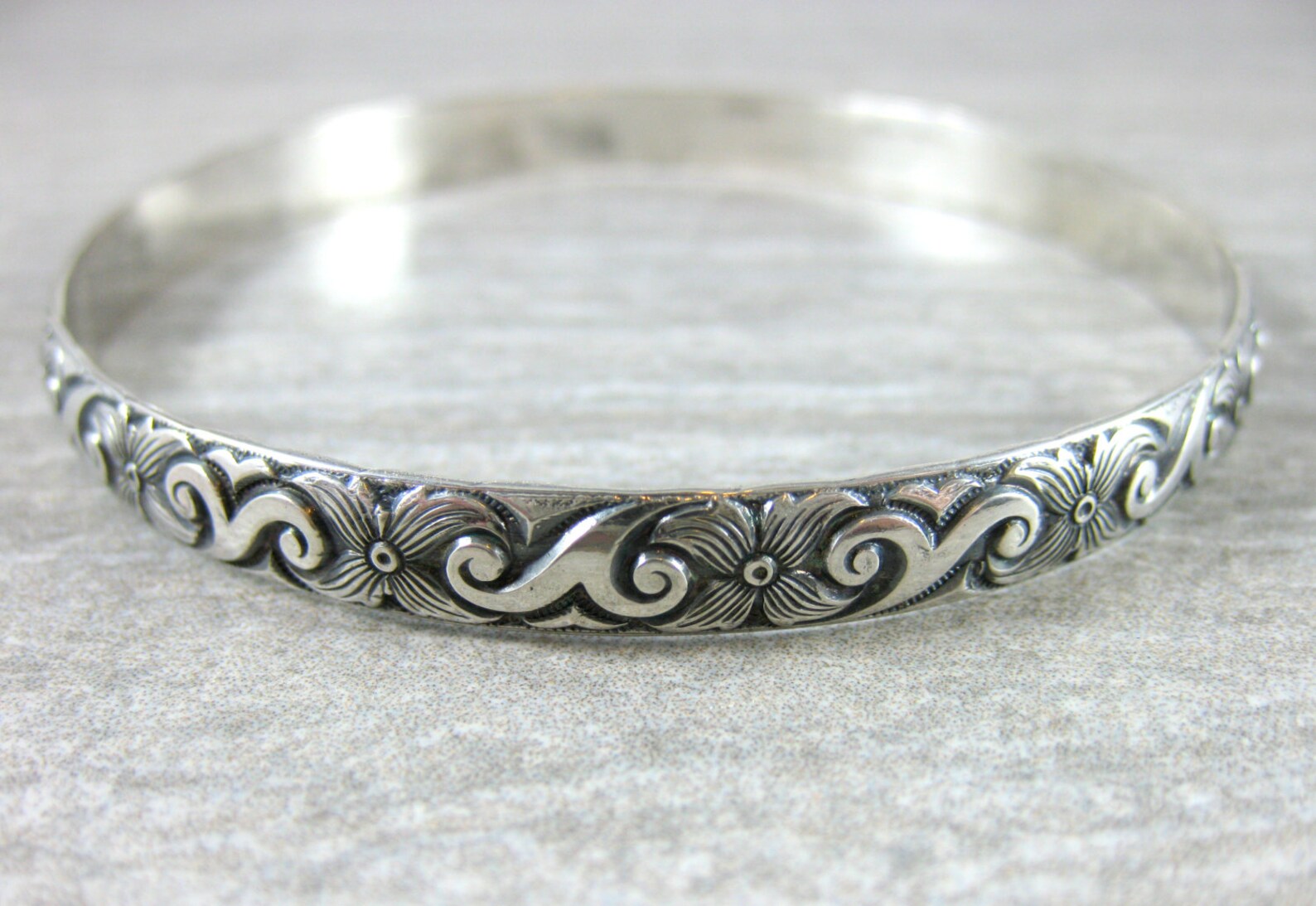 Floral Sterling Silver Bangle Wide Silver Bracelet Nature - Etsy