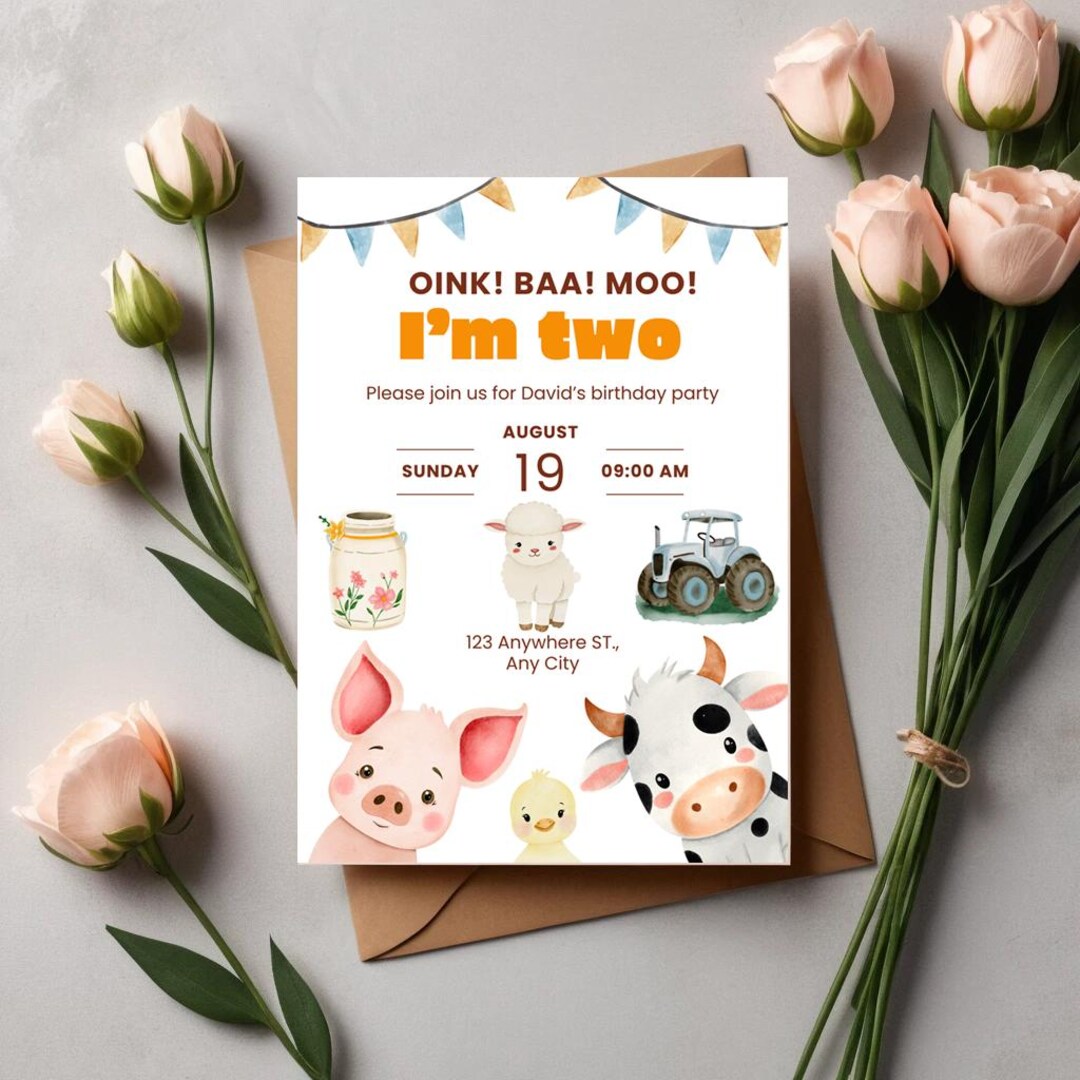 Oink Baa Moo I'm Two Birthday Invitation – Barnyard 2nd Birthday Canva ...