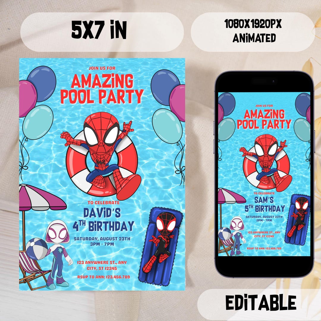 Spidey and His Amazing Friends Birthday Invitation | Pool Party Editable Template | Spiderman ...