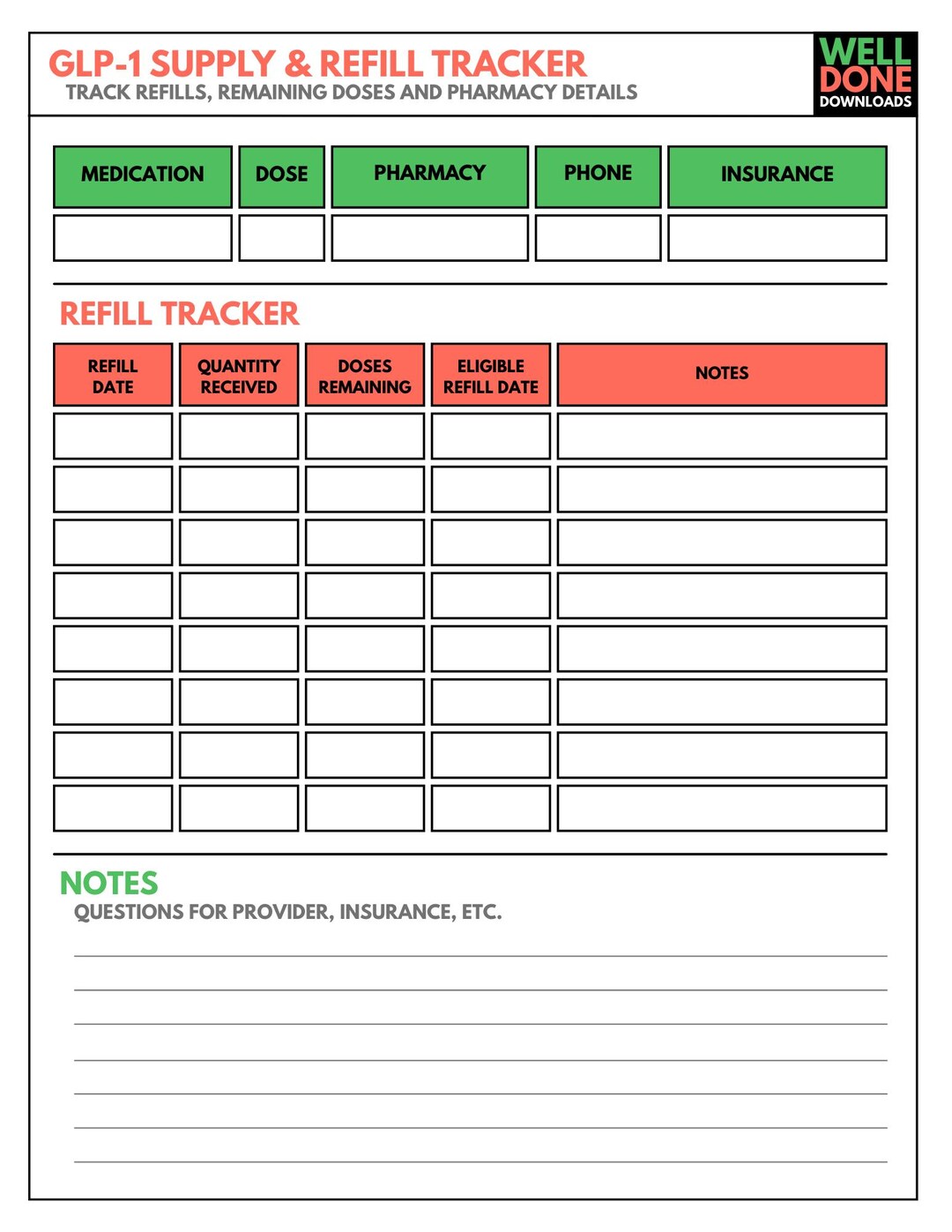 GLP-1 Supply & Refill Tracker Printable | Ozempic Wegovy Mounjaro ...