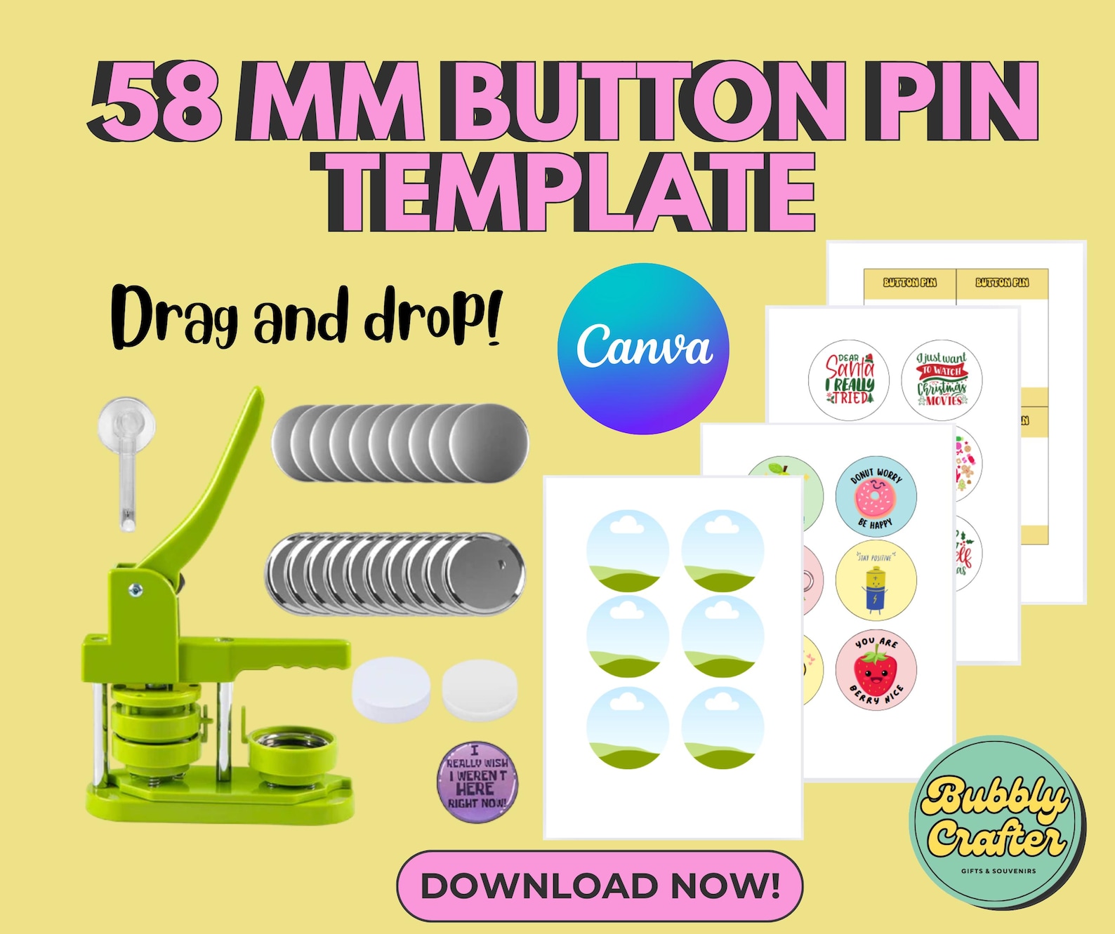 58mm Button Pin Drag and Drop Template - Etsy