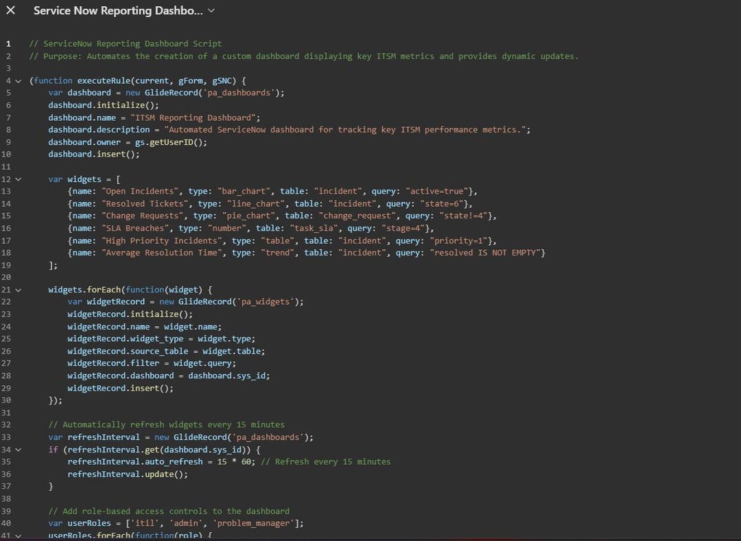 Servicenow Reporting Dashboard Script ITSM Metrics & Automation Instant ...
