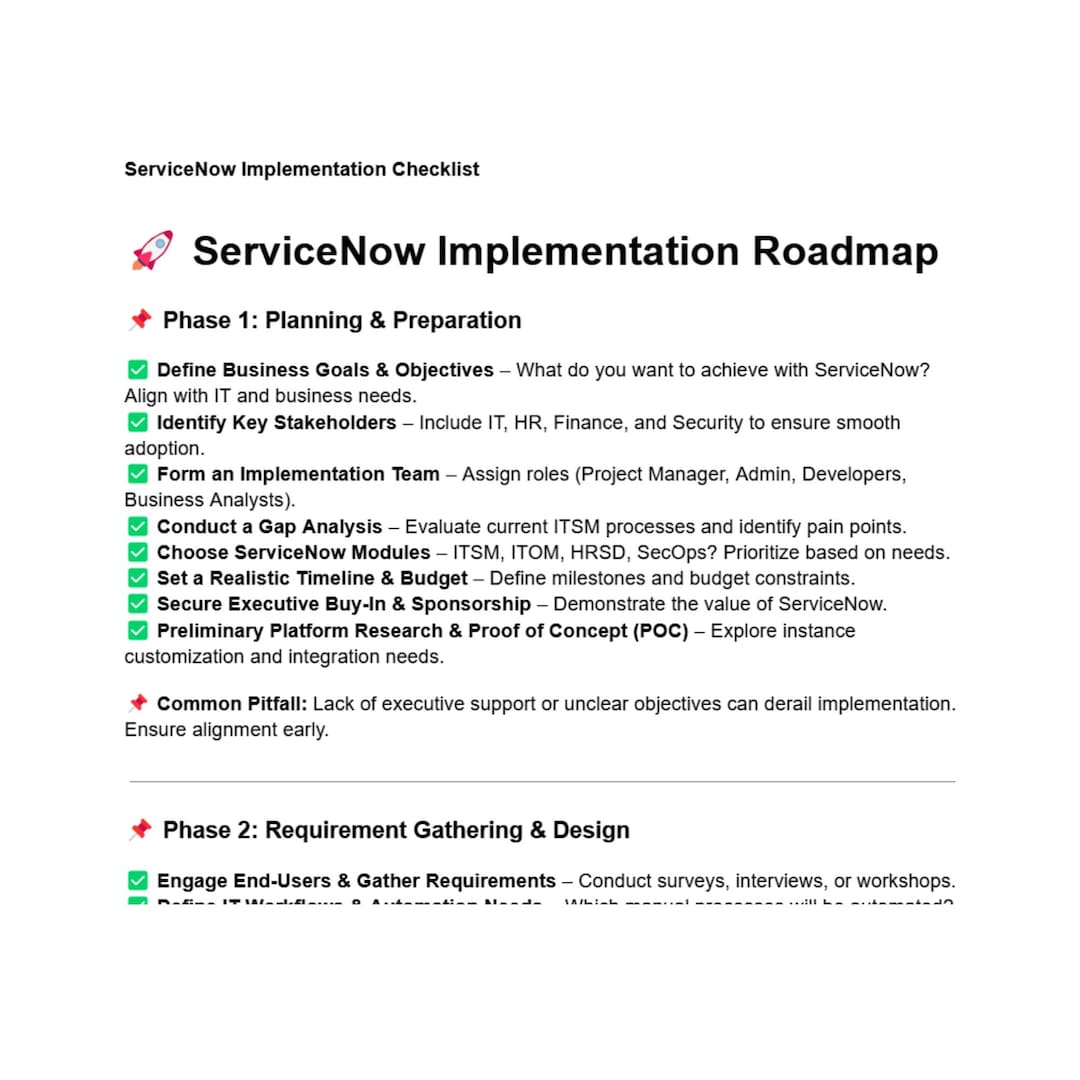 Servicenow Implementation Checklist | ITSM Project Plan | Digital ...