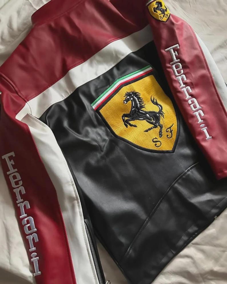 Ferrari Motorcycle Jacket Men's - Red, Black & White Real Leather ...