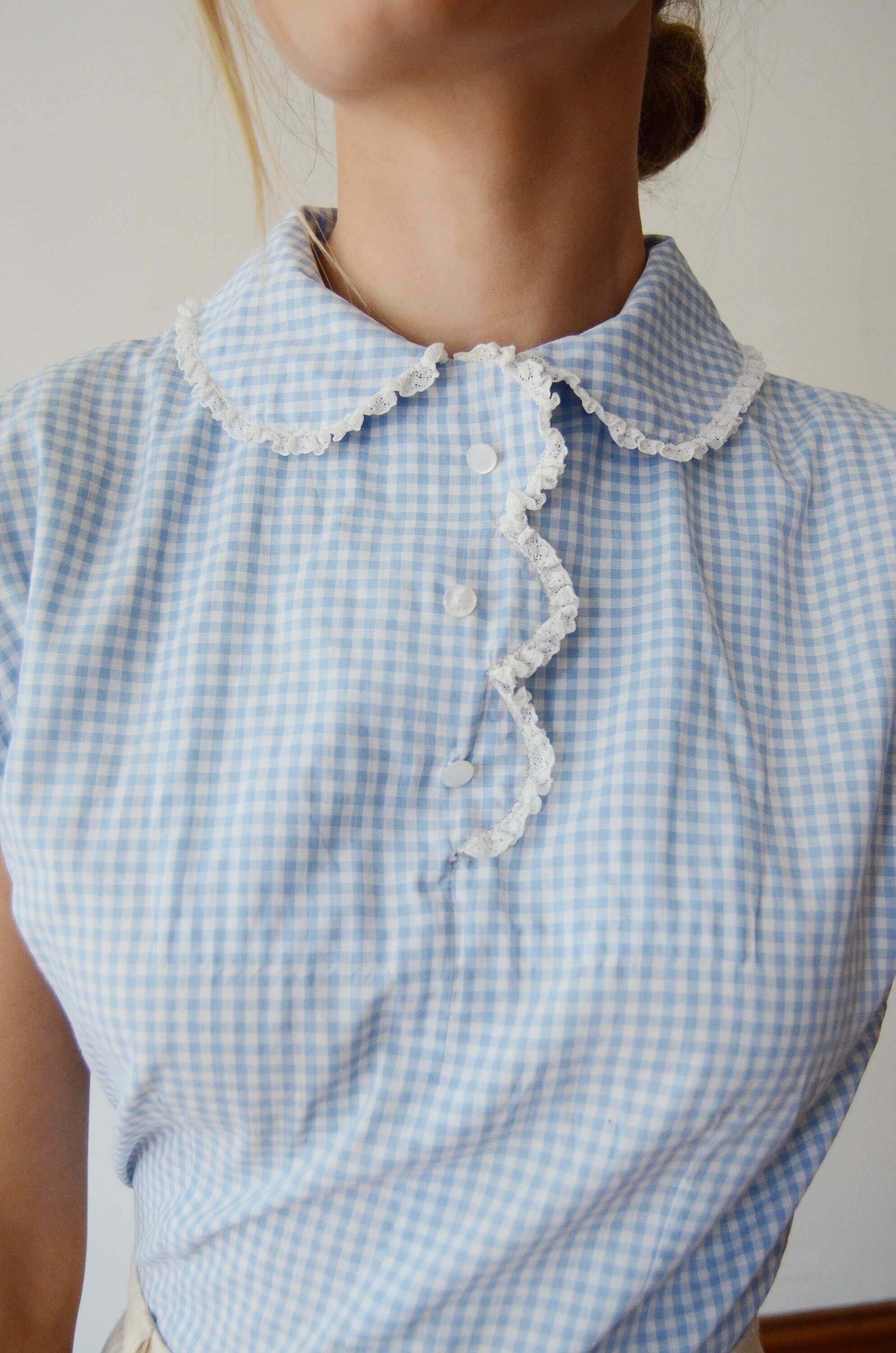1950s Blue Gingham Blouse - S