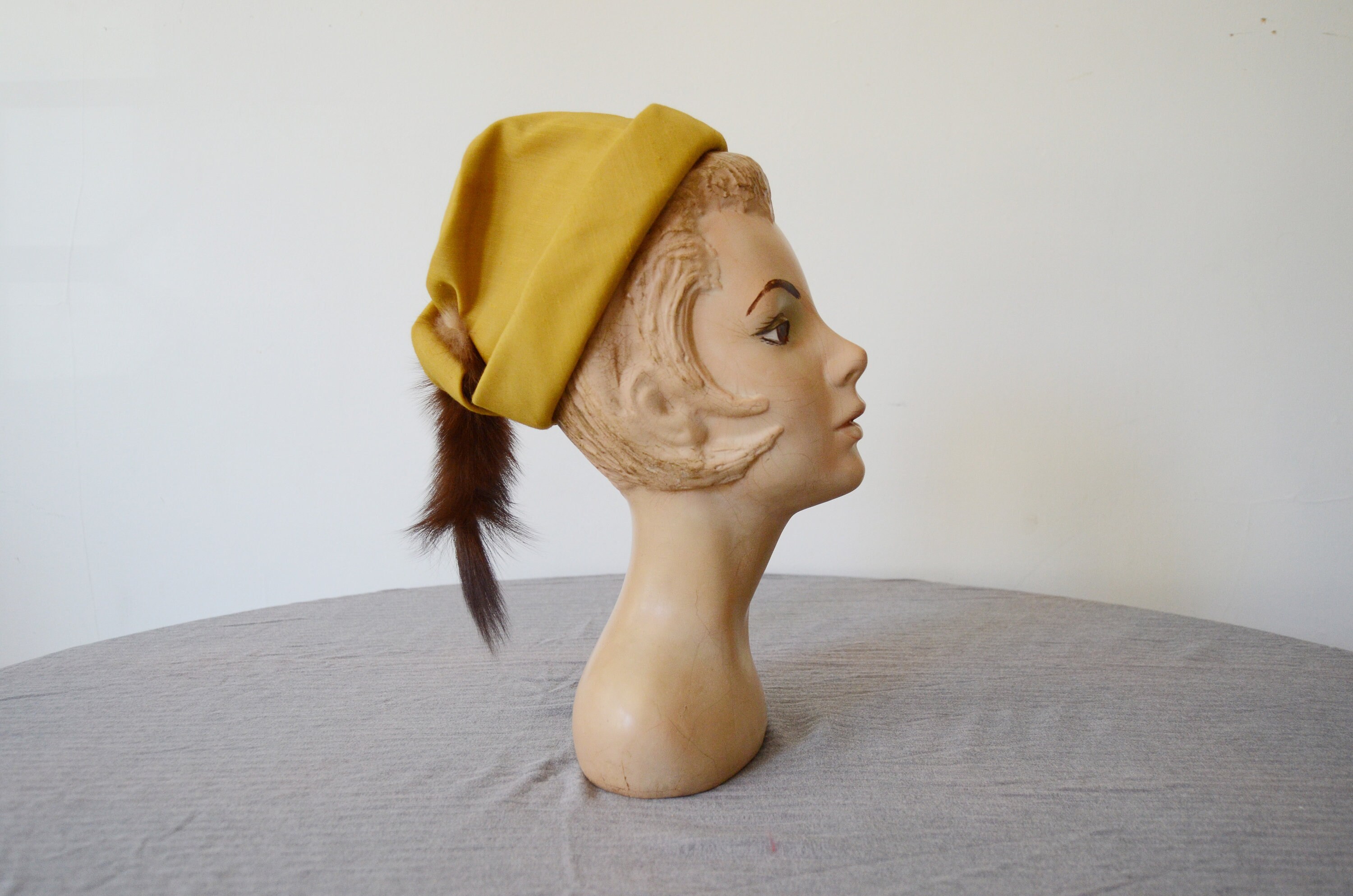 1940s Mustard Hat with Fur Tail