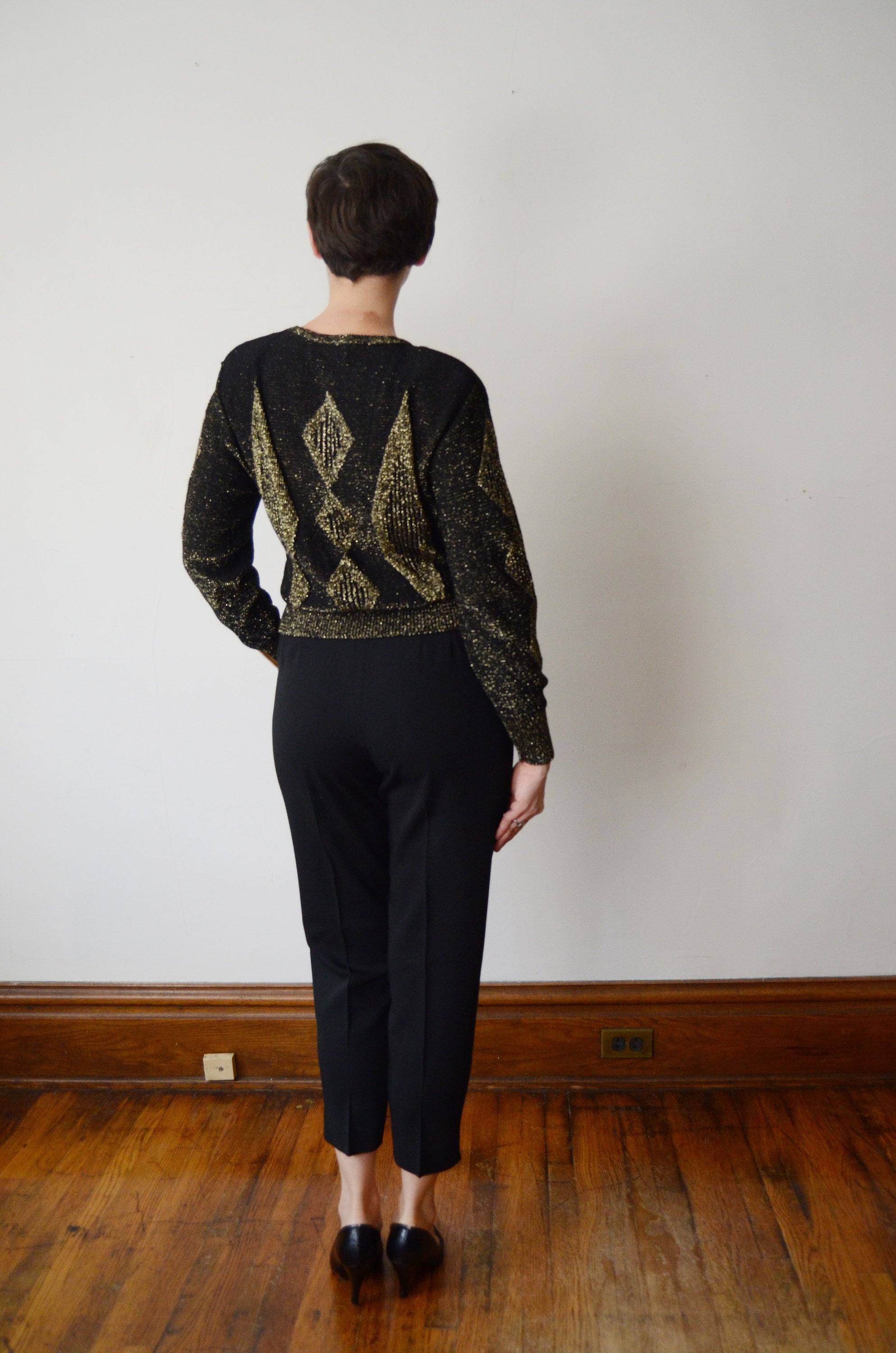 1980s Black and Gold Metallic Sweater - S/M