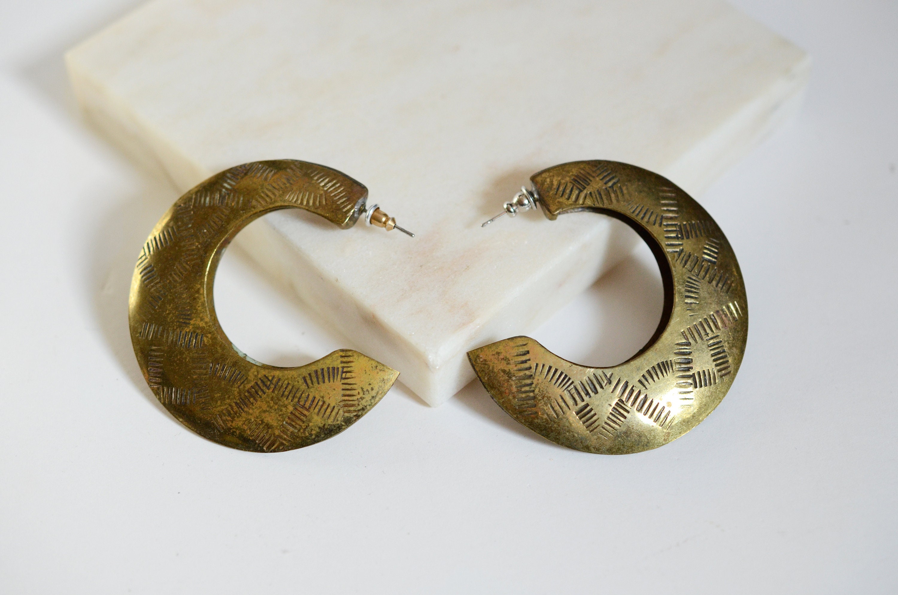 1980s Hammered Brass Hoops